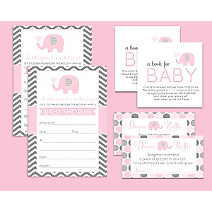 Paper Clever Party Pink Elephant Baby Shower Invitation Bundle Includes Blank Invites with Envelopes for Girls, Diaper Raffle Insert Bring a Book Cards Set (25 of Each) Jungle Theme Princess