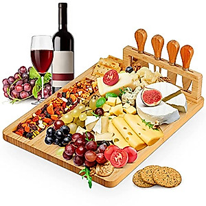 Bamboo Cheese Board Set, Charcuterie Platter and Serving Meat Board Including 4 Stainless Steel Knife and Serving Utensils, Unique Gifts for Christmas Wedding Birthday Anniversary(14''x11'')