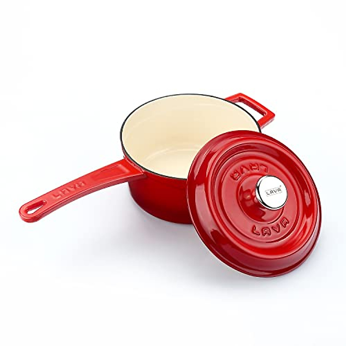 Lava Light-Colored Sand Enameled Cast Iron Sauce Pan, 1.5 Quarts Round Sauce Pot, Glossy Sand-Colored Three Layers of Enamel Coated Interior, Long Handle with Lid (Red)
