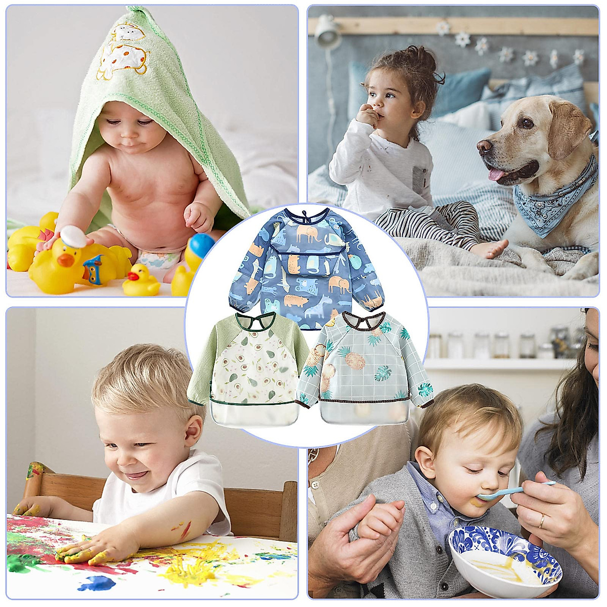 SUPTMAX 3 Pack Long Sleeve Bibs, Waterproof Baby Feeding Bib (gray-blue, gray, avocado)