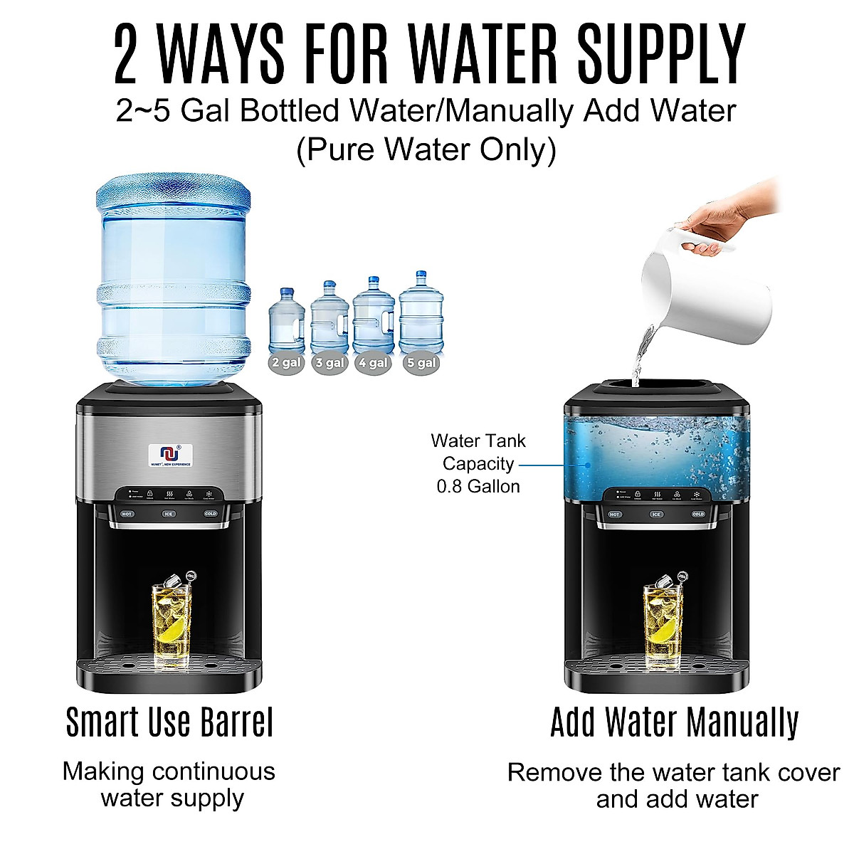 Water Cooler Dispenser Built-in Ice Maker Countertop,3-in-1 Portable Ice Machine 44lbs Daily,Top Loading 5 Gallon Water Dispenser w. Child Safety Lock & Tri-Temp Water Option-Hot,Cold & Ice Block