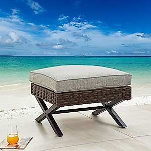 Festival Depot Wicker Patio Ottoman Metal Footstool with Thick Cushion and X Shaped Steel Legs Foot Rest Outdoor Furniture for Garden Yard Lawn All-Weather