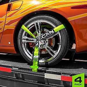 VULCAN Car Tie Down with Flat Hooks - Lasso Style - 2 Inch x 96 Inch - 4 Pack - High-Viz - 3,300 Pound Safe Working Load