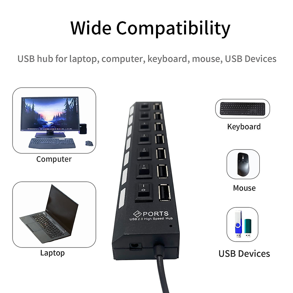 7-Port USB Hub 2.0, USB Hub USB Splitter with Individual Switches for Laptop, Computer, Keyboard and Mouse, USB Devices (Black)
