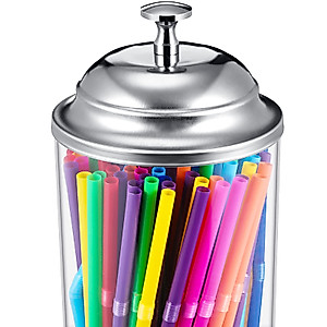 Plastic Straw Dispenser and 100 Pcs Drinking Straw Organizer Container with Stainless Steel Lid Transparent Drinking Straw Holder Striped Plastic Straw Plastic Drinking Straw (Bright Colors)