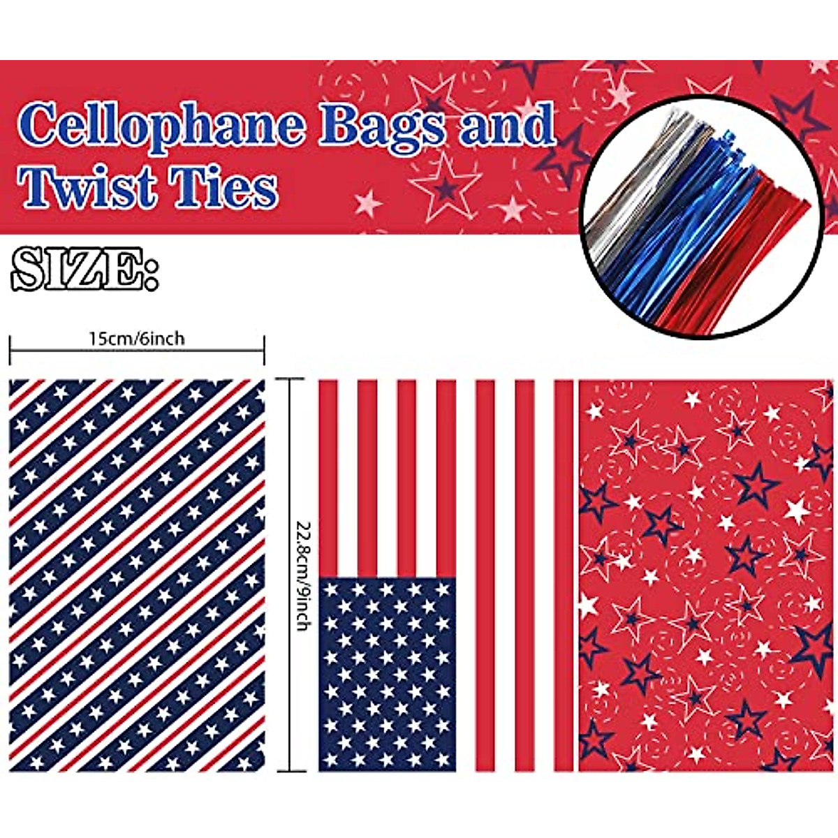 Whaline 150Pcs 4th of July Cello Bags 3 Design Patriotic Stars Stripes Cellophane Bags with Twist Tie American Flag Party Candy Goodie Treat Bag for Independence Day Memorial Day Party Favor Supplies