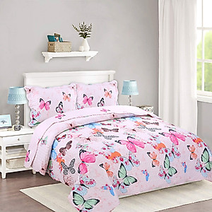 MarCielo 3 Piece Kids Bedspread Quilts Set Throw Blanket for Teens Boys Girls Bed Printed Bedding Coverlet Butterfly A72 (Full-Queen)
