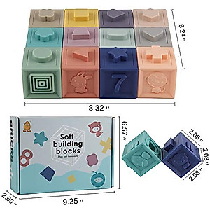 Mini Tudou Baby Blocks Soft Building Blocks Baby Toys Teethers Toy Educational Squeeze Play with Numbers Animals Shapes Textures 6 Months and Up 12PCS