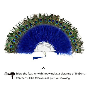 BABEYOND Roaring 20s Vintage Style Peacock & Black Marabou Feather Fan Flapper Accessories (Blue-White Rib)