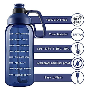 Opard Half gallon Water Bottle with Time Marker, 64oz Motivational Water Jug Large Sports Water Bottle with Straw Handle BPA Free for Gym Fitness (Blue)