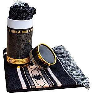 UUSOWARM Muslim Prayer Rug & Beads Set with Stylish Cylinder Gift Box Janamaz Sajadah Ultra-Soft Taffeta Prayer Mat Perfect Islamic Spiritual Gift for Ramadan Islamic Mosque Dome Pattern Black