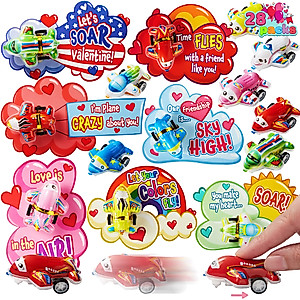 JOYIN 28 Pack Valentines Day Gift Card with Pull Back Airplanes, Mini Plane Toy Kits with Greeting Cards for Birthday Valentine Party Favor, Classroom Treat Gift Exchange, School Game Prize