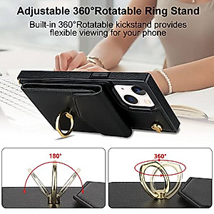 Vofolen Phone Case for iPhone 13 Wallet Cover with Credit Card Holder Lanyard Crossbody Strap Leather Magnetic Clasp 360°Swivel Ring Stand Heavy Duty Protective Square Flip Cover 6.1 inch Black
