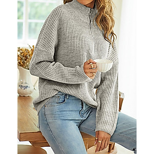 MEROKEETY Women's 2024 Long Sleeve Chunky Knit Sweaters 1/4 Zip Polo V Neck Casual Pullover Tops,Grey,S