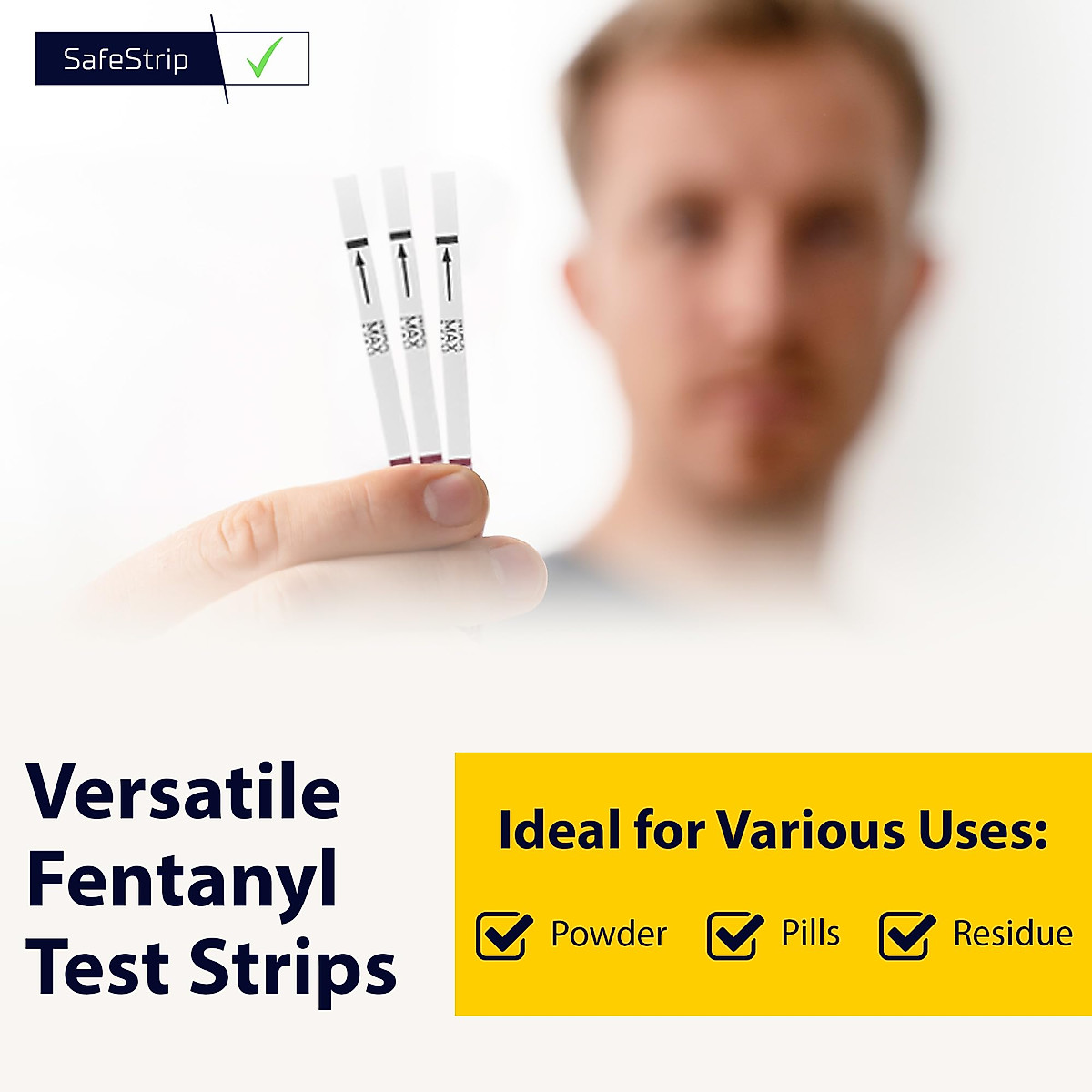 SafeStrip - Fentanyl Test SafeStrip - Fentanyl Test Strips, Quick, Reliable & Easy-to-Use Drug Test Kit for Home Medical Testing on Pills, Powder, Urine & Residue, 100-Pack Test Strips with Scoop