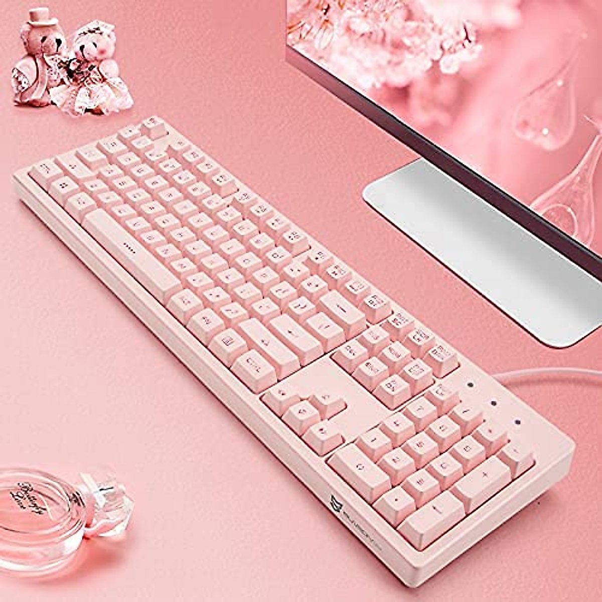 LIOURFE Keyboard with 7 Color LED Backlit, 104 Keys Quiet Wired Computer Keyboard for Office, Mechanical Feeling Gaming Keyboard for Windows Laptop PC Mac (Pink)
