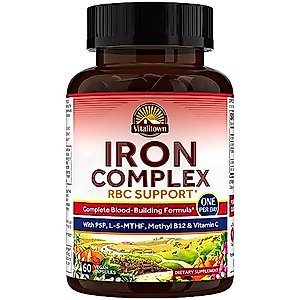 Vitalitown Iron Complex, Complete Blood Building Formula, Ferrous Bisglycinate, Active B6, Folate, B12, Red Blood Cell Support, Best Absorption, Once Daily, 60 Vegan Caps