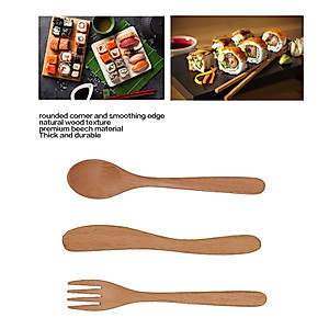 Wooden Flatware Set, Japanese Style Thick Beech Wood Cultery Set, Reusable Wooden Eating Utensils, Sturdy Smoothing Spoon Fork Set with Knife for Home, Kitchen, Cooking