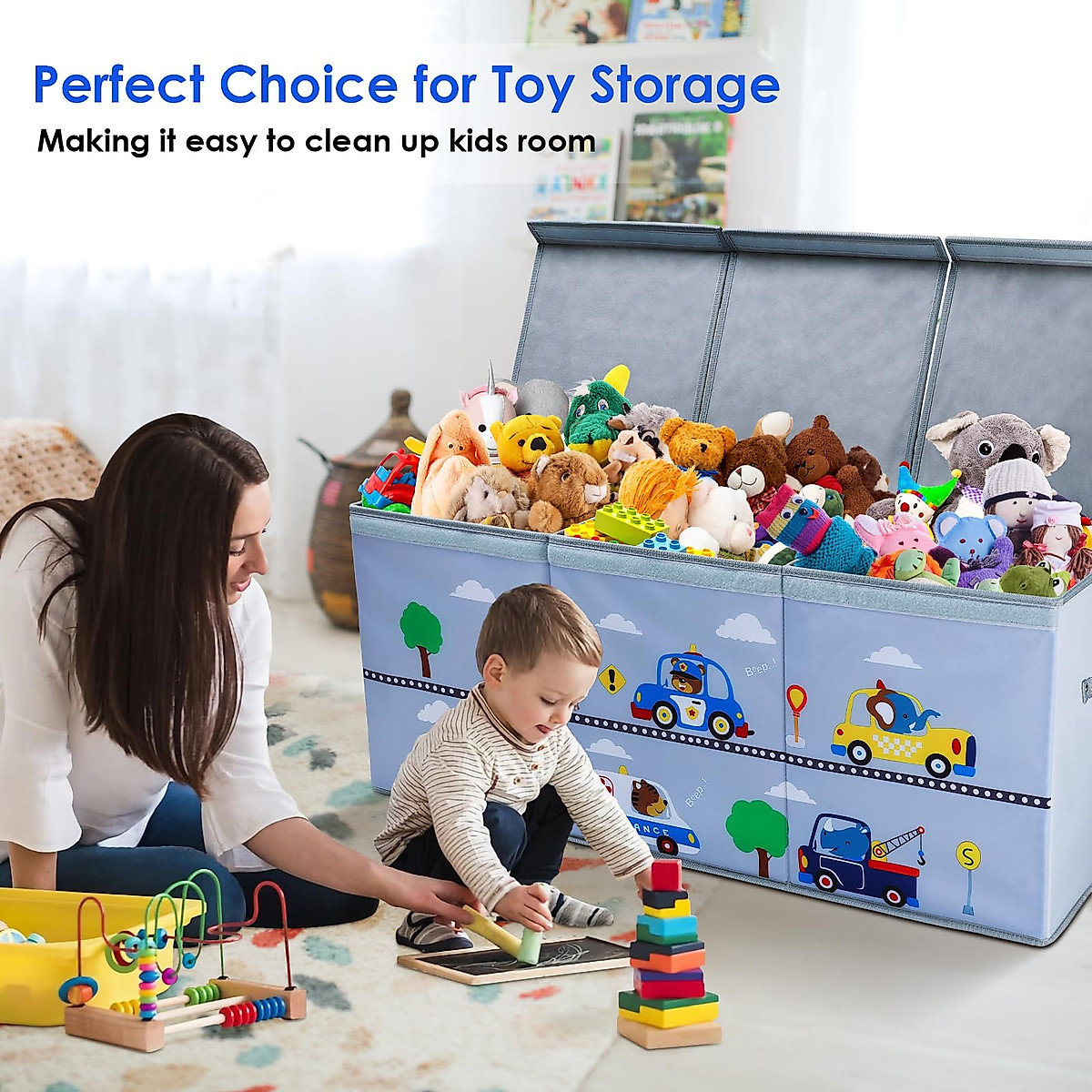 Extra Large Toy Box Chest with Flip Lid for Kids, Collapsible Oxford Toy Storage Box with Handles for Boys, Sturdy Waterproof Toy Box for Bedroom Playroom, 37.7×12.5×15.7 Inch (Animal Cars)