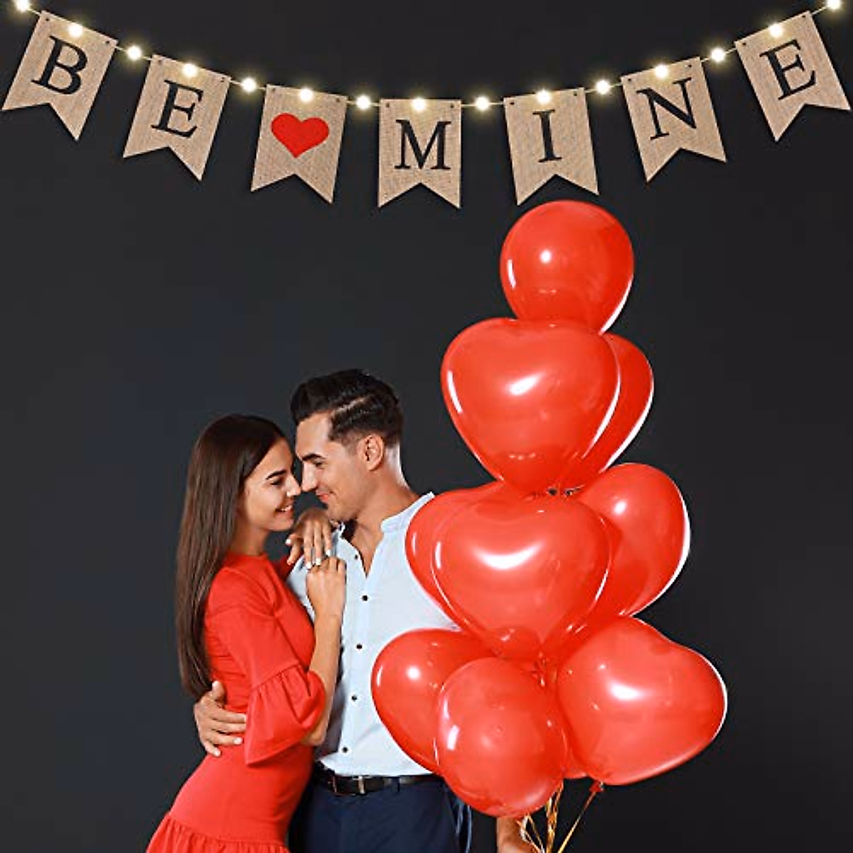 Be Mine Burlap Banner Lighted Valentine's Day Linen Banner Be Mine Linen Garland Valentine's Day Photo Props Proposal Sign Decorations and Warm White Copper Wire Lights with 8 Flashing Patterns