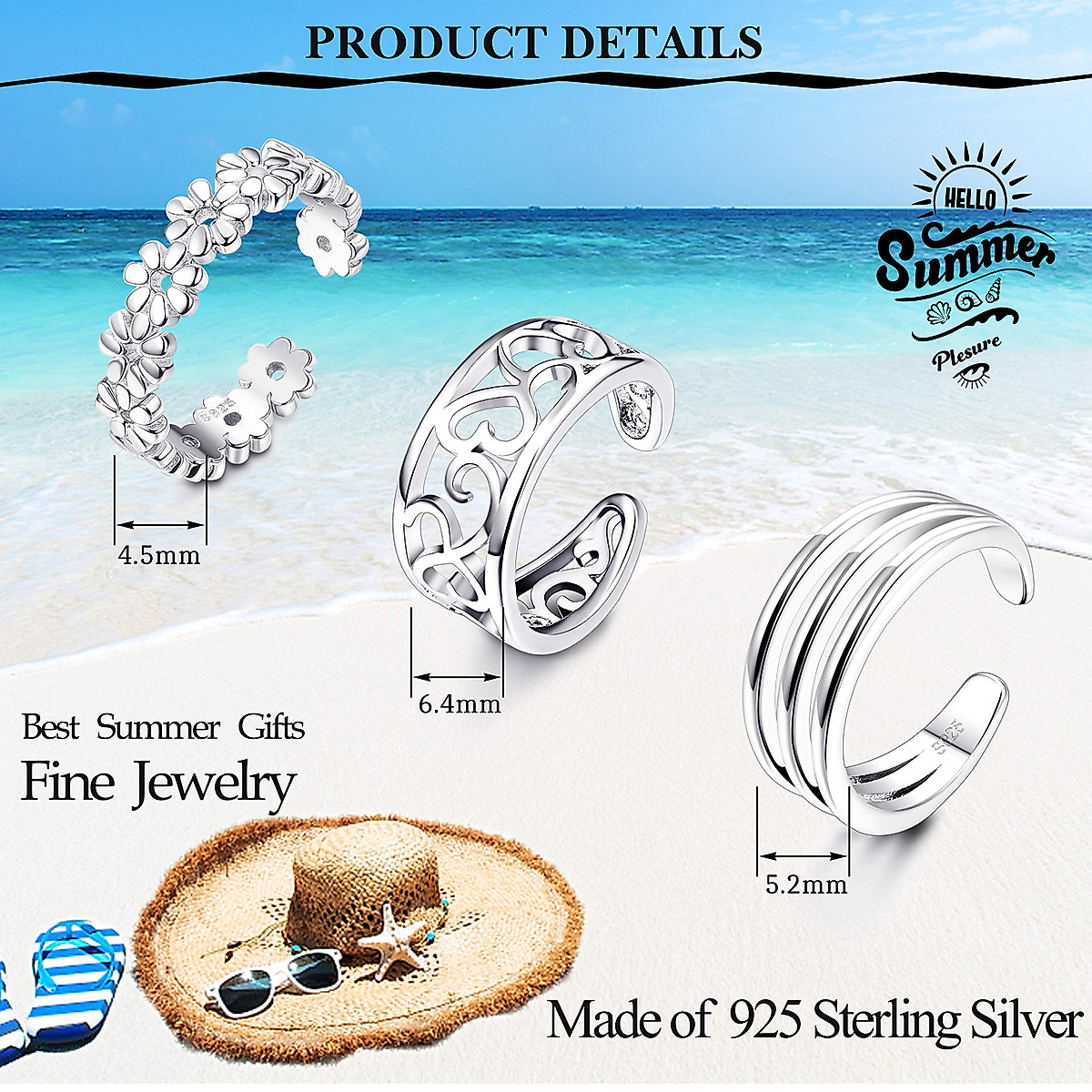 MILACOLATO 3Pcs 925 Sterling Silver Toe Rings for Women 18K White Gold Plated Daisy Cuff Band Open Toe Rings Adjustable Toe Rings Summer Beach Foot Jewelry