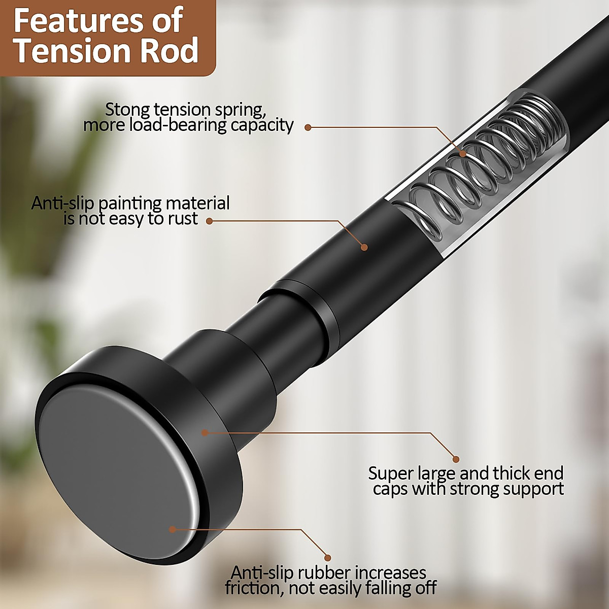 BRIOFOX Shower Curtain Rod Adjustable 61-75 Inch, Spring Tension Shower Rod No Drilling Non Slip, Matte Black