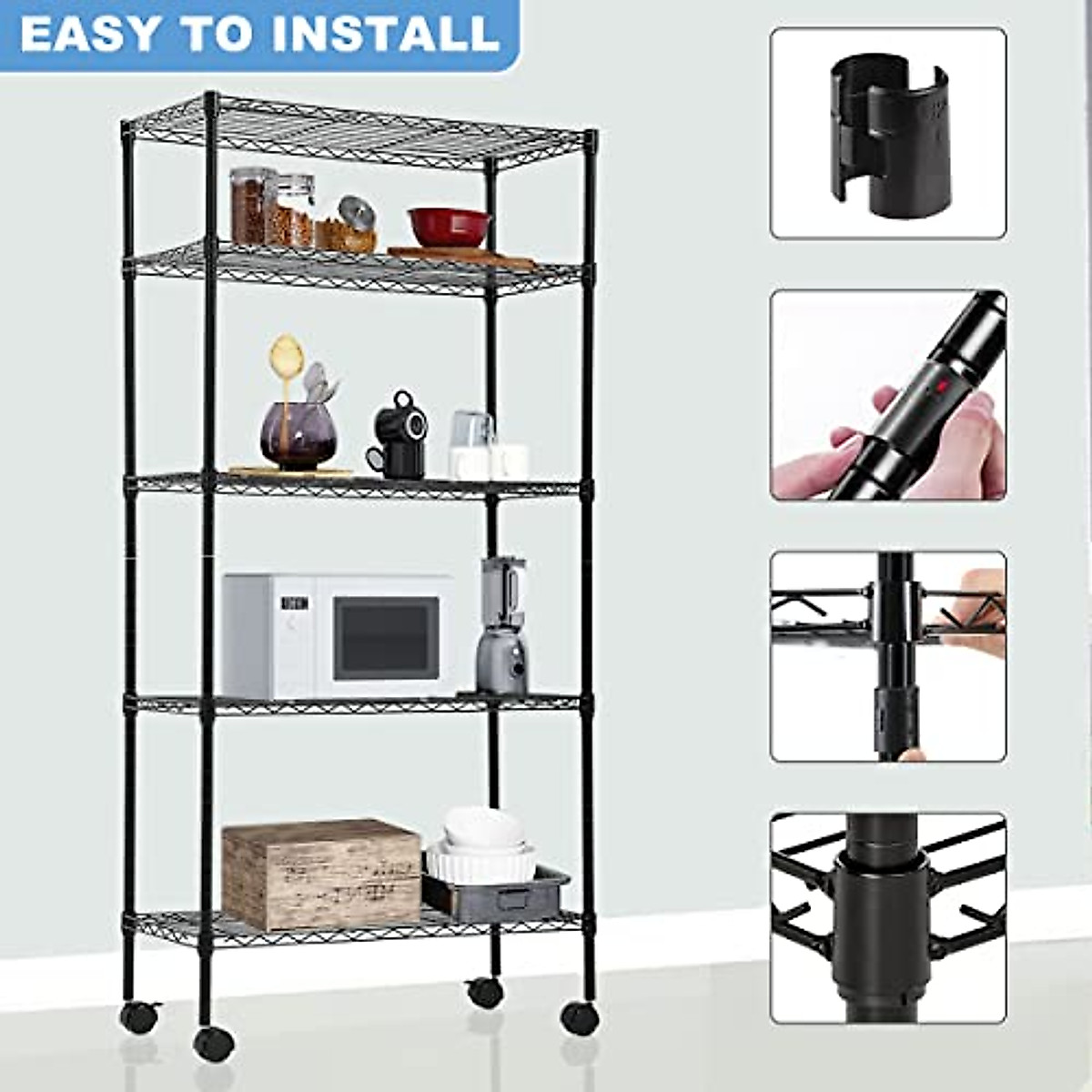 Dlewmsyic Wire Shelving with Wheels, 5 Layer 750 Lbs Capacity 60" Hx30 Lx14 W Metal Storage Shelf, Black