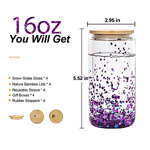 AGH 4 Pack Sublimation Double Wall Glass Blanks 16 oz Pre Drilled Sublimation Snow Globe Glass Tumbler With Bamboo Lid and Straw Reusable Clear Beer Can Mason Jar Mug for Snow Globe Glitter DIY