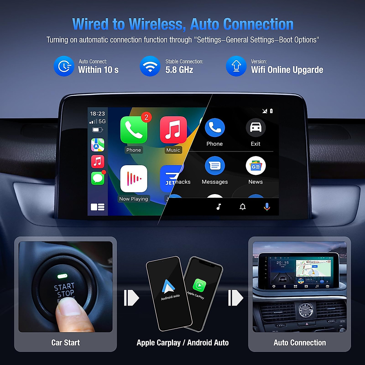 KAMING Wireless CarPlay Adapter for Carplay and Android Auto Carplay Streaming YouTube, TikTok, Miracast 2023 Newest CarPlay Ai Box for Factory Wired CarPlay Cars