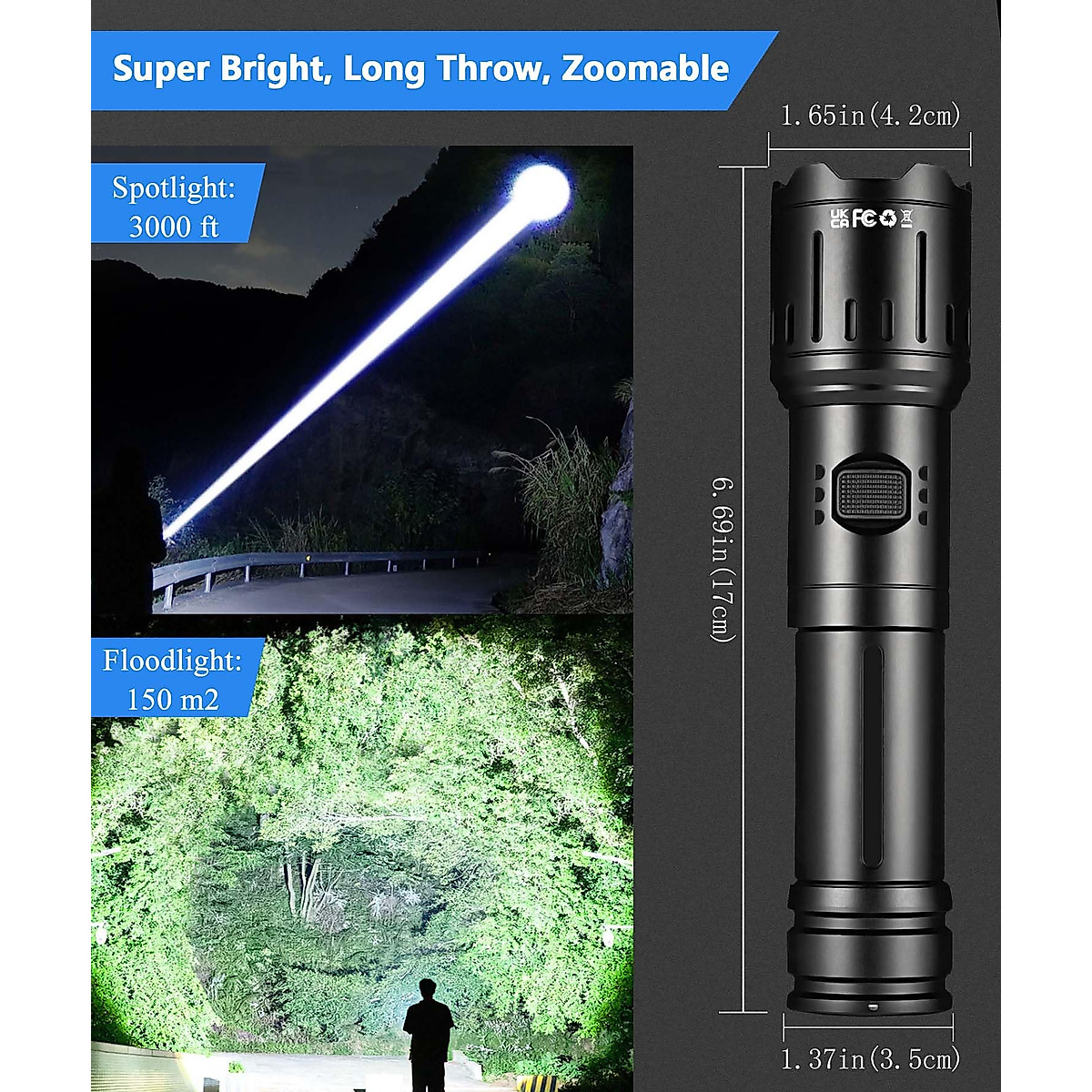 JAY-PARK Flashlights High Lumens Rechargeable, LED Flashlight 500000 Lumen Super Bright Powerful, USB-C Handheld Flashlight Zoomable High Power Tactical Flash Light for Emergencies, Camping