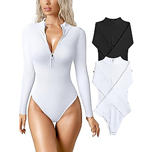 OQQ Women's 2 Piece Bodysuits Sexy Ribbed One Piece Zip Front Long Sleeve Tops Bodysuits Black White