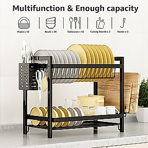 Esusom Dish Drying Rack Compact Drainer 2-Tier Dryer Rack for Small Spaces Dorm Apartment Kitchen Counter Dish Strainers Set with Drainboard Tray Utility Hooks Cutting Board & Utensil Holder