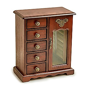 Kendal Wooden Jewelry Box for Women, Solid Jewelry Organizer With 5 Drawer, Wood Jewelry Case with Butterfly Pattern & Mirror for Necklaces, Earring, Rings (Brown with 5 drawer)