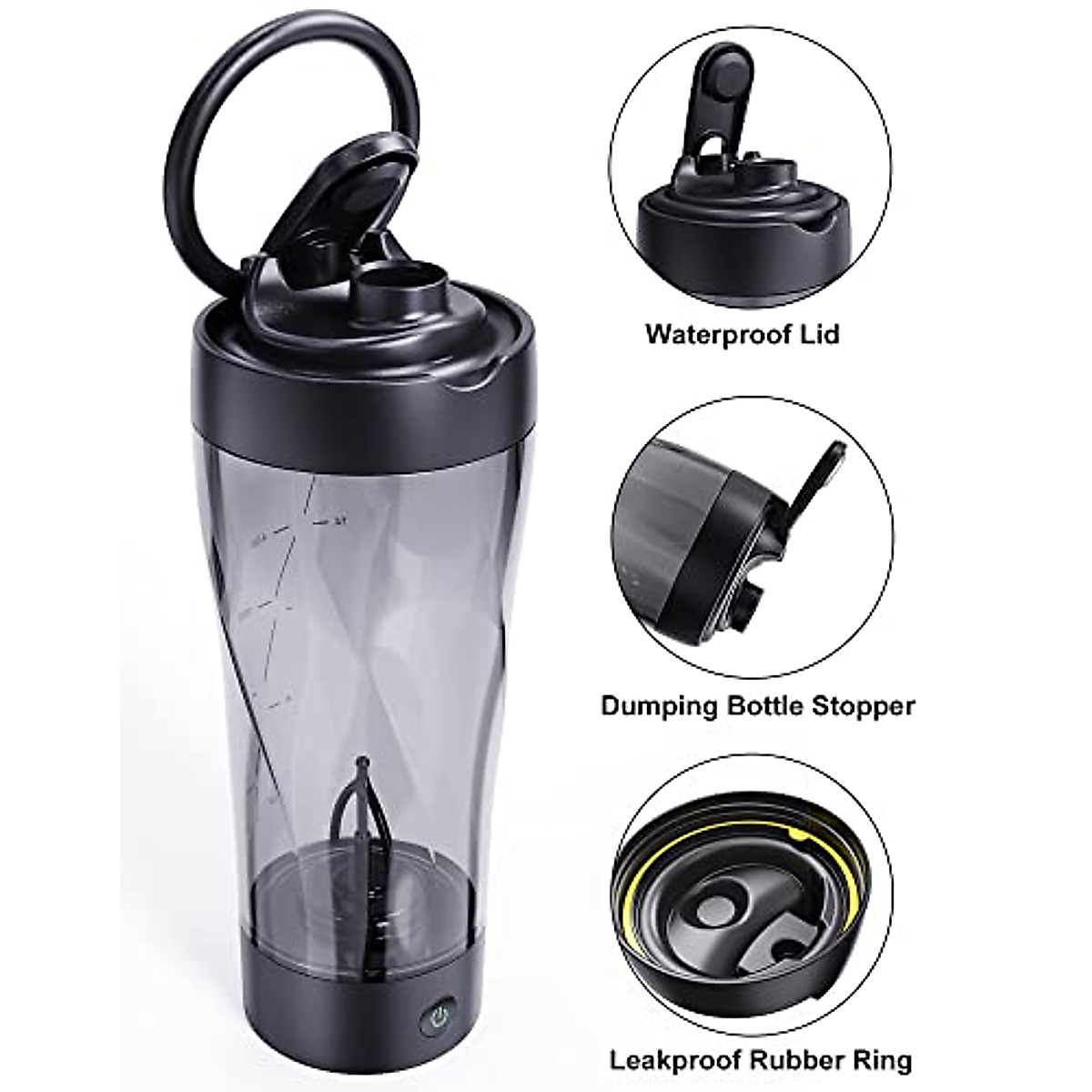 AIDEK Electric Protein Shaker Bottle, 22oz Blender Bottle for Protein Mixes, Tritan Body - BPA Free, Type-C Rechargeable Shaker Cup Portable Blender Cups (Black)