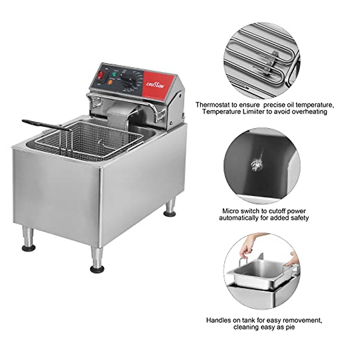 CROSSON 240V Electric Deep Fryer ETL Listed with No-Assembling-Needed Solid Basket,Lid and Height Adjustable Leg for Restaurant Use,240V/3300W Commercial 15Lbs Countertop Deep Fryer
