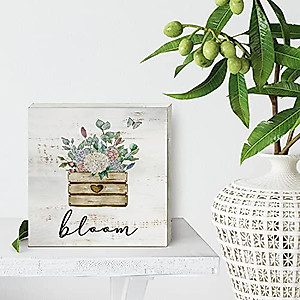 Bloom Wood Box Sign Home Decor Rustic Spring Flowers Bloom Wooden Box Sign Block Plaque for Wall Tabletop Desk Home Decoration