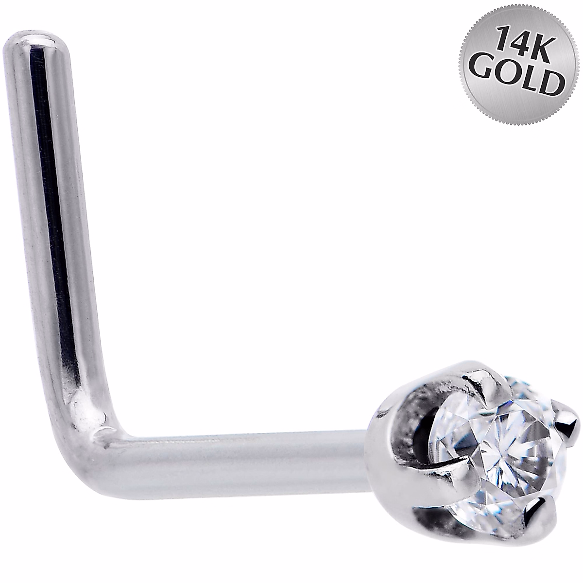 Body Candy Solid 14k White Gold 2mm Clear Cubic Zirconia L Shaped Nose Stud Ring 20 Gauge 1/4"