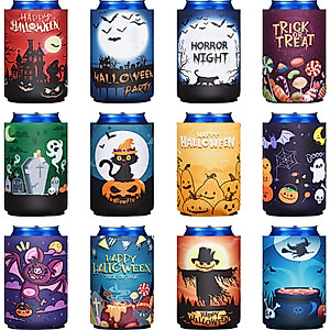 12 Pieces Halloween Can Cooler Sleeve Insulated Collapsible Can Sleeves Neoprene Beer Can Sleeves Reusable Can Coolers for Halloween Party Supplies 12 oz Cold Drinks Beer Can, 4 x 4 Inch