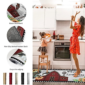 Queener Home Farmhouse Cow and Old Red Wooden Barn Kitchen Rugs and Mats Set of 2, Washable Floor Doormat Comfort Area Runner Rug Non-Slip Rubber Backing for Indoor Sunflowers