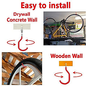 ROTHLEY Garage Hooks Heavy Duty : Bike Hooks for Garage Wall Ceiling Thickened Vinyl Coating Bike Hangers for Garage Large Screw in Storage Hooks Bicycle Hooks for Hanging in Garage (8 Pack,Red)