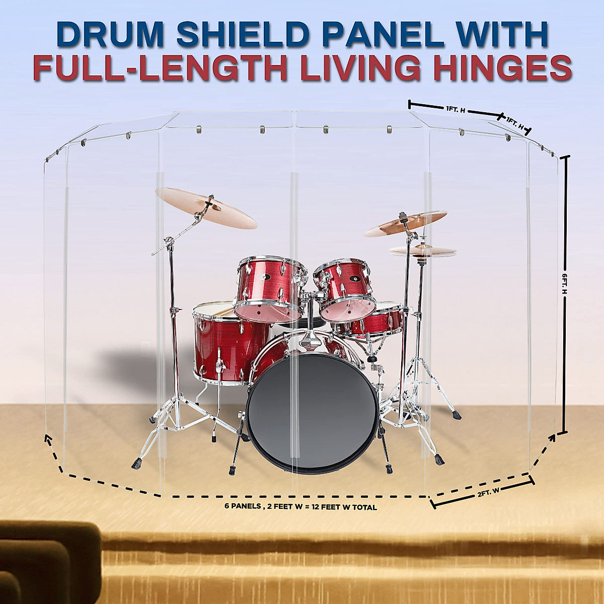PENNZONI Drum Shield 6ft w/Living Hinges & Deflectors, Comes w/ 6 Drum Panels, Living Hinges & Deflectors, Premium Clear Acrylic Panels