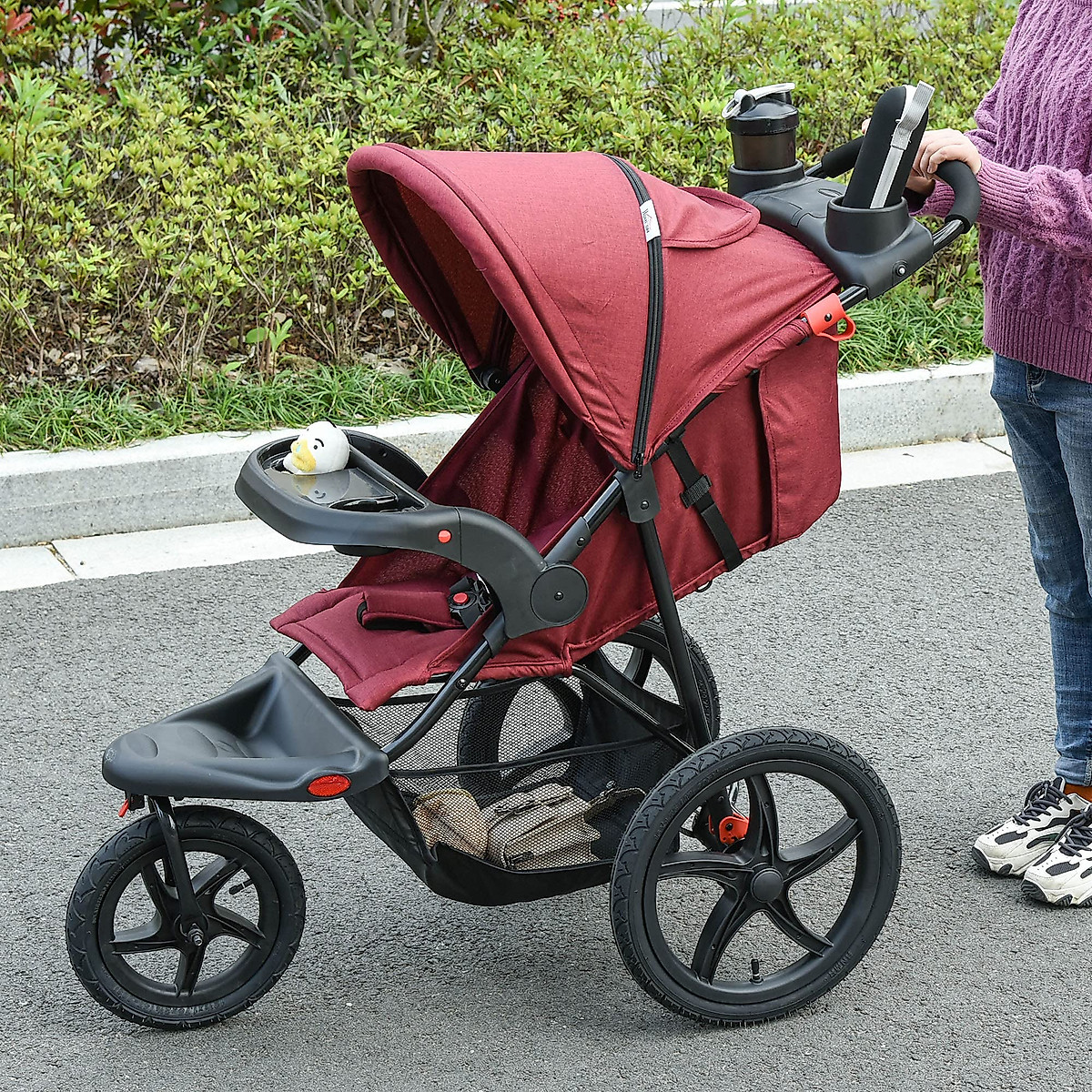 Qaba Baby Stroller Foldable Carriage for Toddler with Adjustable Backrest and Canopy Suspension System Rubber Tire 5-Point Harness Cup Holder Storage Basket Red