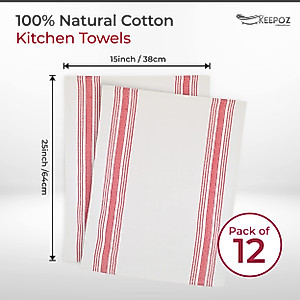 KEEPOZ Kitchen Towels, 16 x 25 Inches, 100% Ring Spun Cotton Dish Towels for Drying Dishes, Super Soft and Absorbent Tea Towels and Bar Towels Set Dish Cloths and Dish Rags for Drying (12 Pack, Red)