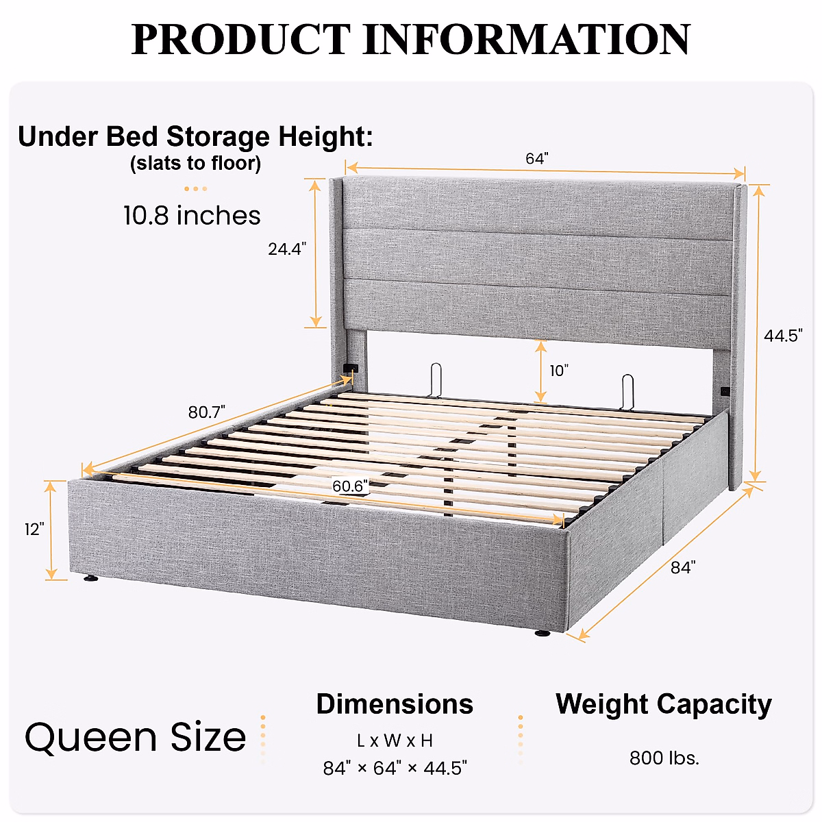 SHA CERLIN Queen Size Lift Up Storage Bed/Modern Wingback Headboard/Upholstered Platform Bed Frame/Hydraulic Storage/No Box Spring Needed/Wood Slats Support/Light Grey