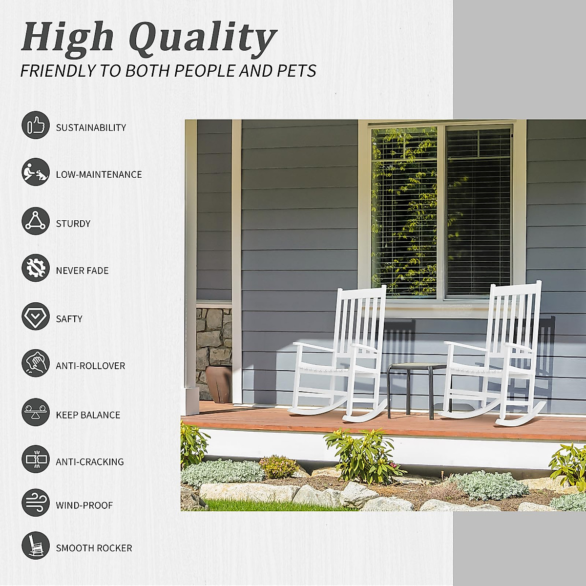 Outvita Outdoor Rocking Chair, Solid Wood High Back Rocker, All Weather Lounge Chair for Porch Patio Fire Pit Garden Backyard Deck Indoor, White