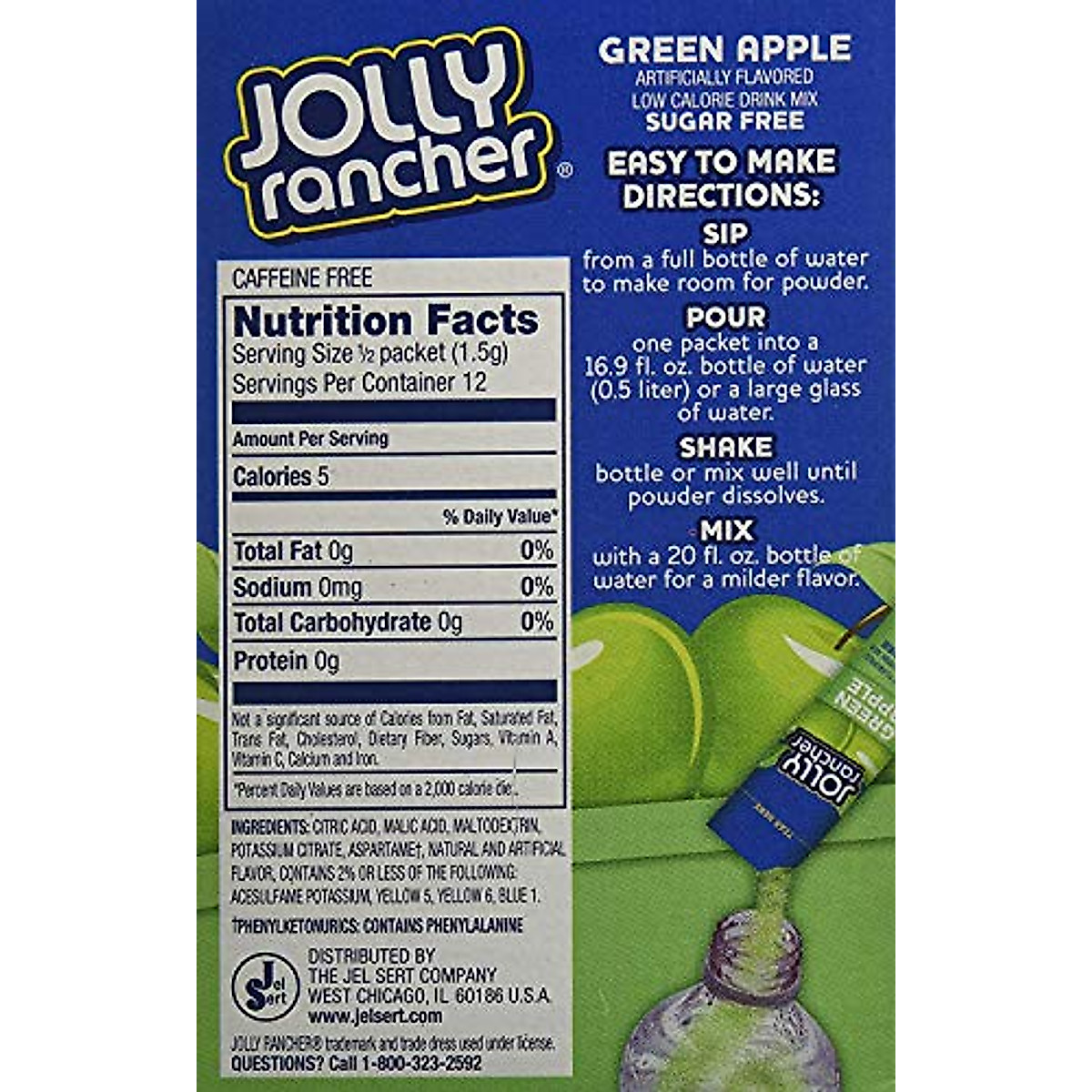 1 (6-ct.) Box JOLLY RANCHER ~ GREEN APPLE Singles to Go! Sugar Free Drink Mix.