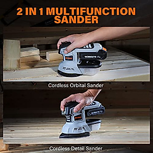 WORKSITE 20V MAX Cordless Random Orbital Sander & Detail Sander, Multi-Purpose Hand Sander w/2.0A Battery & Charger, 20pcs Sanding Discs, Dust Collector and Mouse Pad