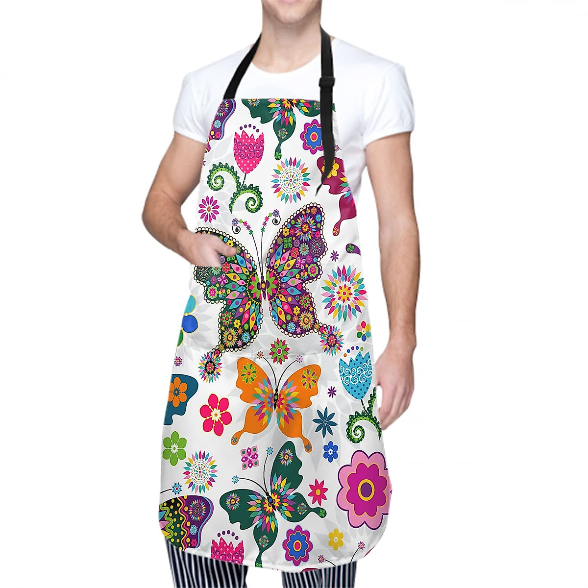 Kawani Colorful Butterflies and Flowers Apron Cute Art Adjustable Apron With 2 Pockets Abstract Aprons For Women Men Suitable For Kitchen Cooking Painting Grilling 28x33 Inch