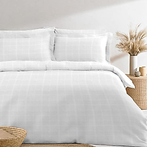 Pizuna Cotton Full Duvet Cover Set, 300 Thread Count Long Staple Cotton Sateen Weave with Button Closure (Combed Checks Luxury White Cotton Duvet Cover Full)