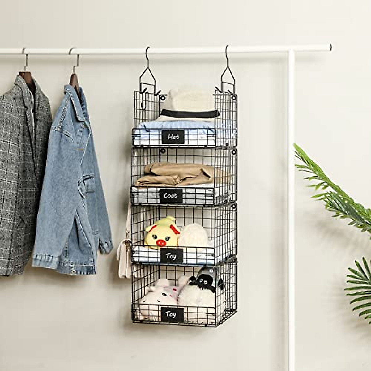 Jautokerdar 4 Tiers Hanging Closet Shelves-Clothes Haning Organizer with Name Plate S Hooks, Wall Mount&Cabinet Wire Storage Basket Bins, for Clothing Sweaters Shoes Handbags Clutches Accessories